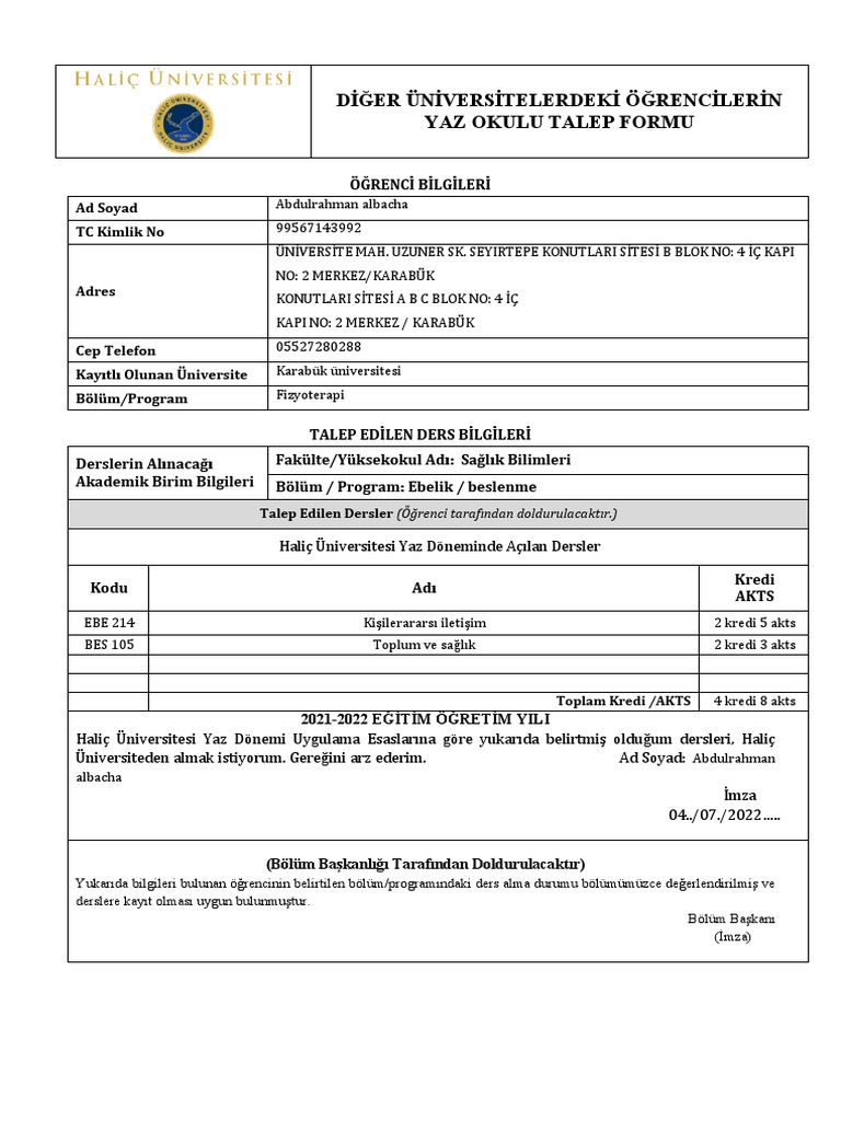 Yaz Okulu Ozel Ogrenci Basvuru Formu | PDF