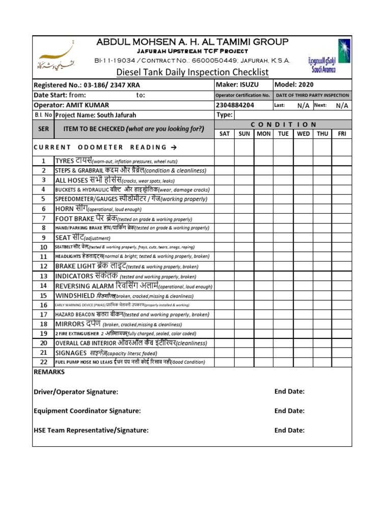Diesel Tank Inspection Checklist | PDF | Automotive Technologies | Vehicles