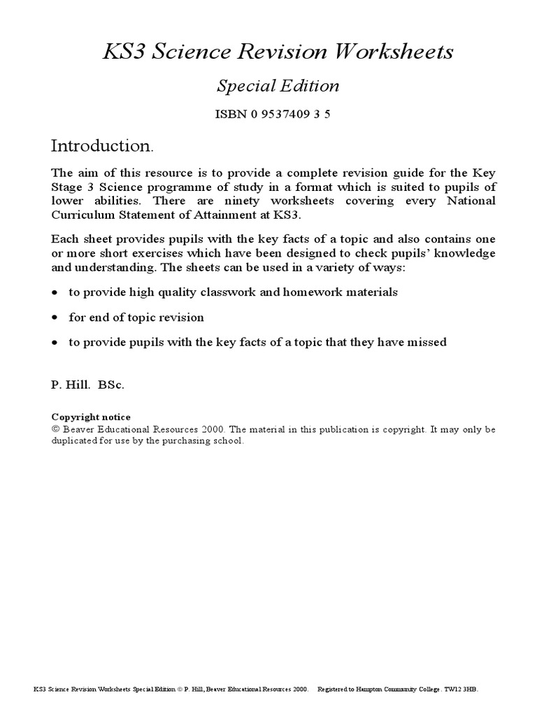 Ks3 Science Revision Worksheets Special Edition Pdf
