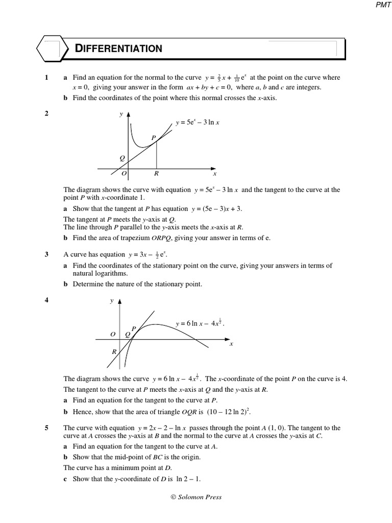 03b Differentiating Exponentials And Logarithms Further Questions Pdf Tangent Cartesian