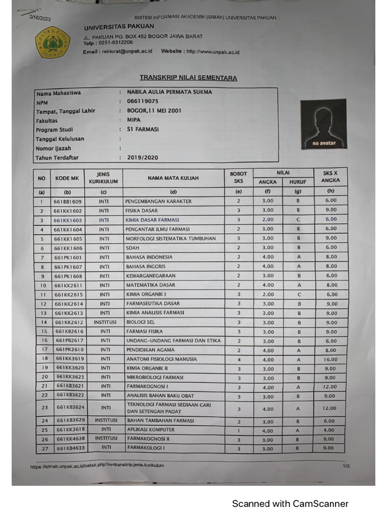 Transkrip Nilai | PDF
