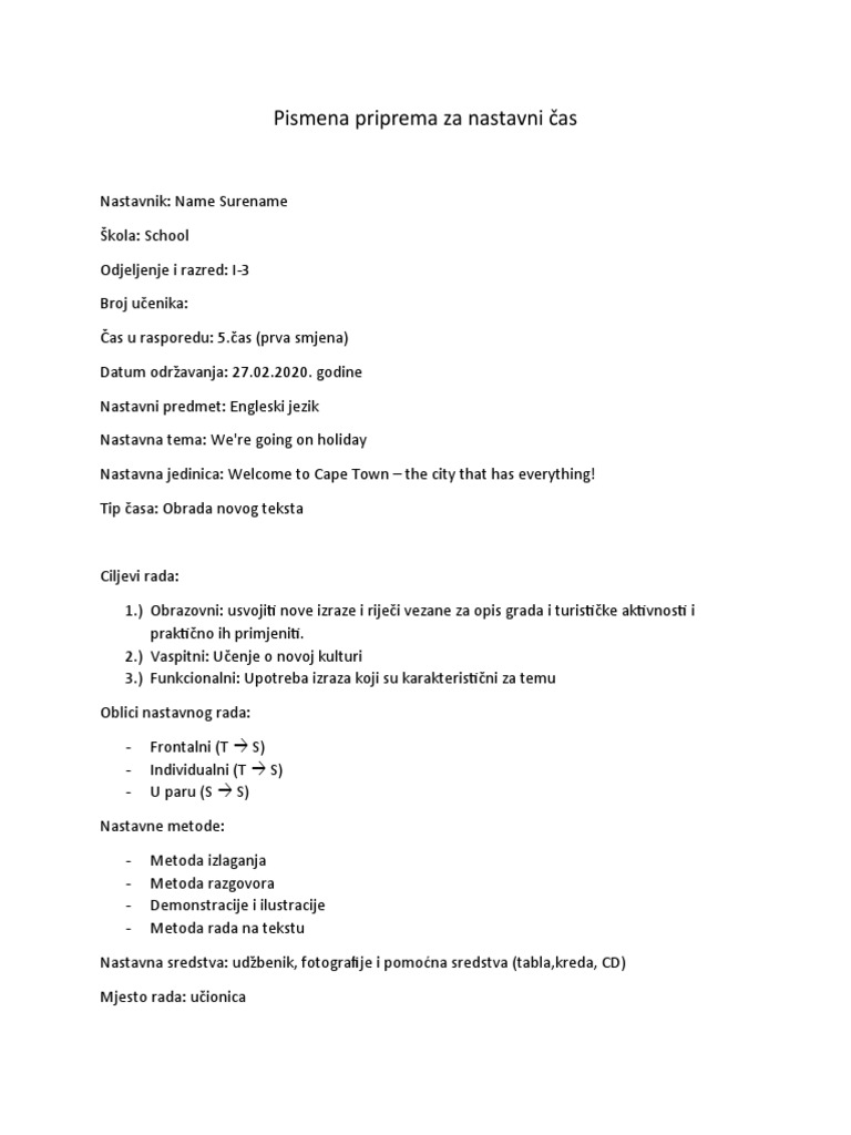 Pismena Priprema Za Nastavni Čas | PDF | Cape Town