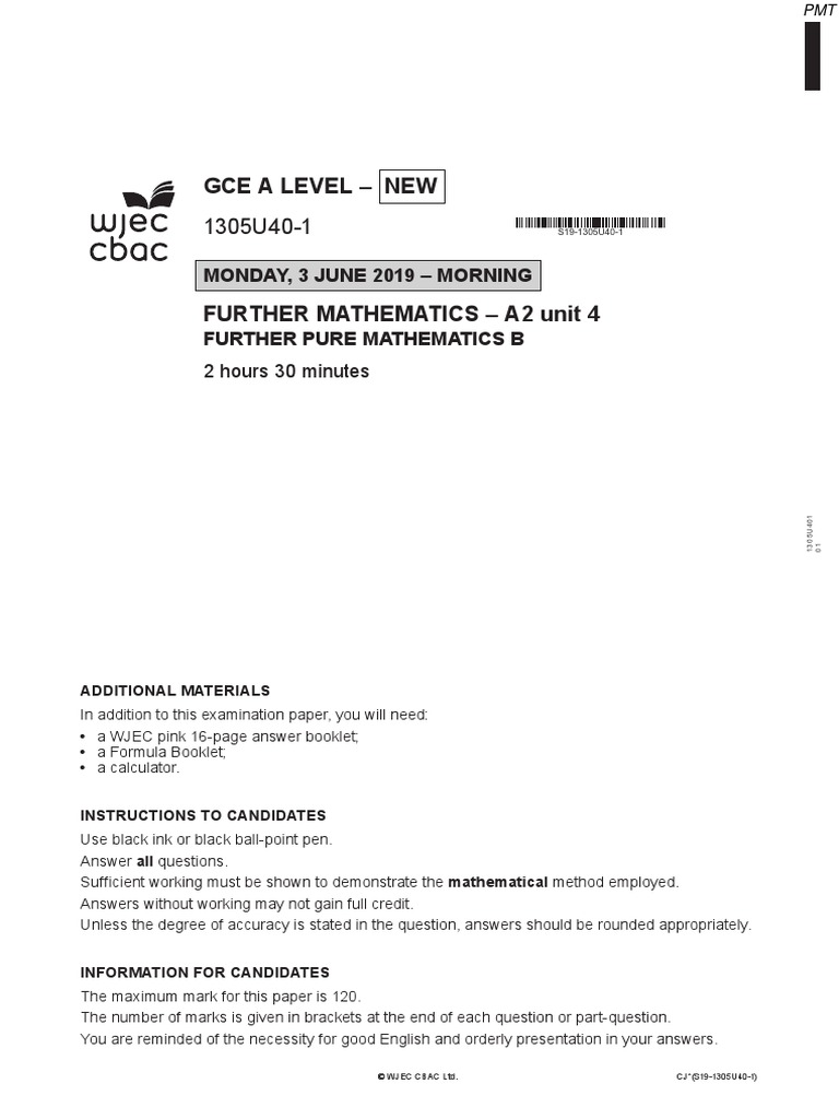 June 2019 QP - Unit 4 WJEC Further Maths A-Level | PDF | Equations | Mathematical Objects