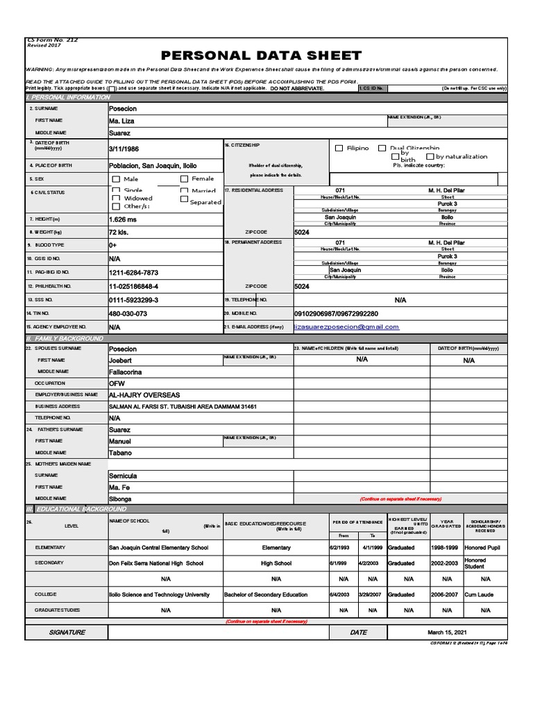 CS Form No. 212 Revised Personal Data Sheet - New March | Download Free ...