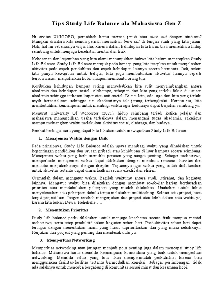 Tips Study Life Balance Mahasiswa | PDF
