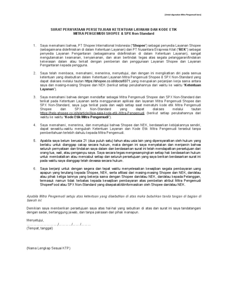 ShopeeFood & SPX Instant Driver - Self Delcaration Agreement - Kode Etik (New Drivers) | PDF