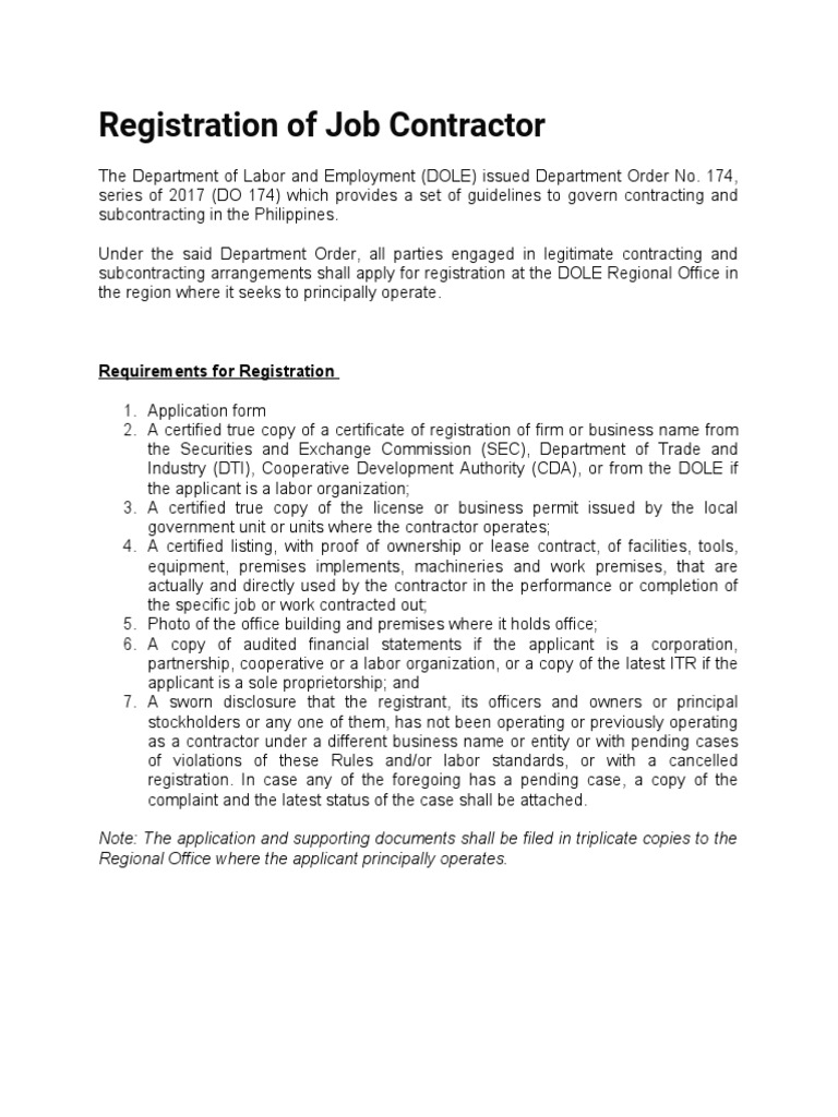 Job Contractor Registration Guidelines | PDF | Outsourcing | Employment