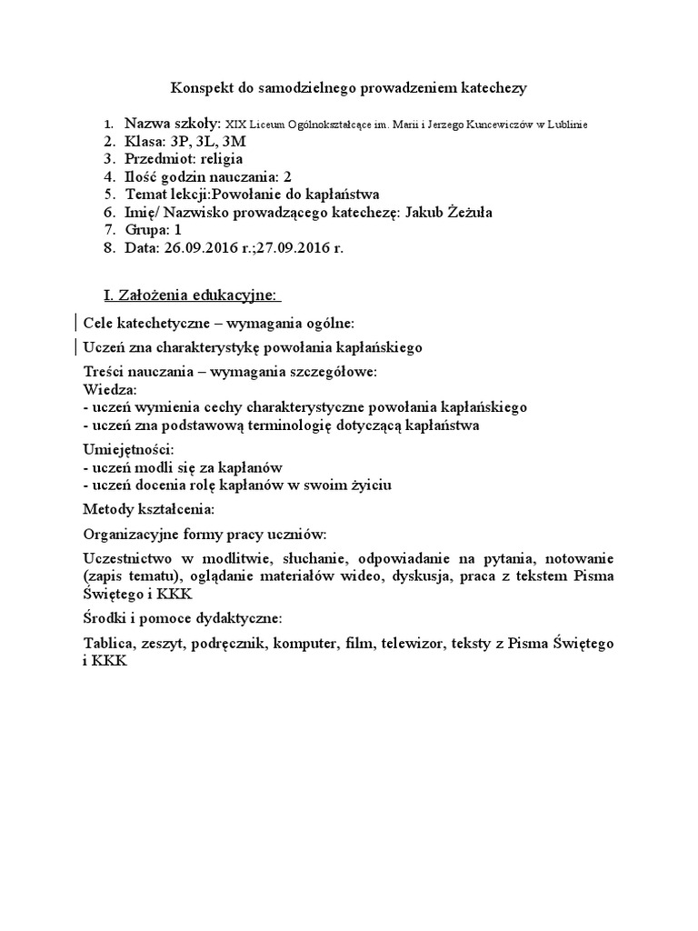 Konspekt Katechezy - Klasa 3 Liceum Powołanie Do Kapłaństwa | PDF