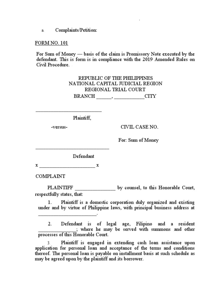 FORM 101 For Sum of Money - Basis of The Claim Is Promissory Note ...