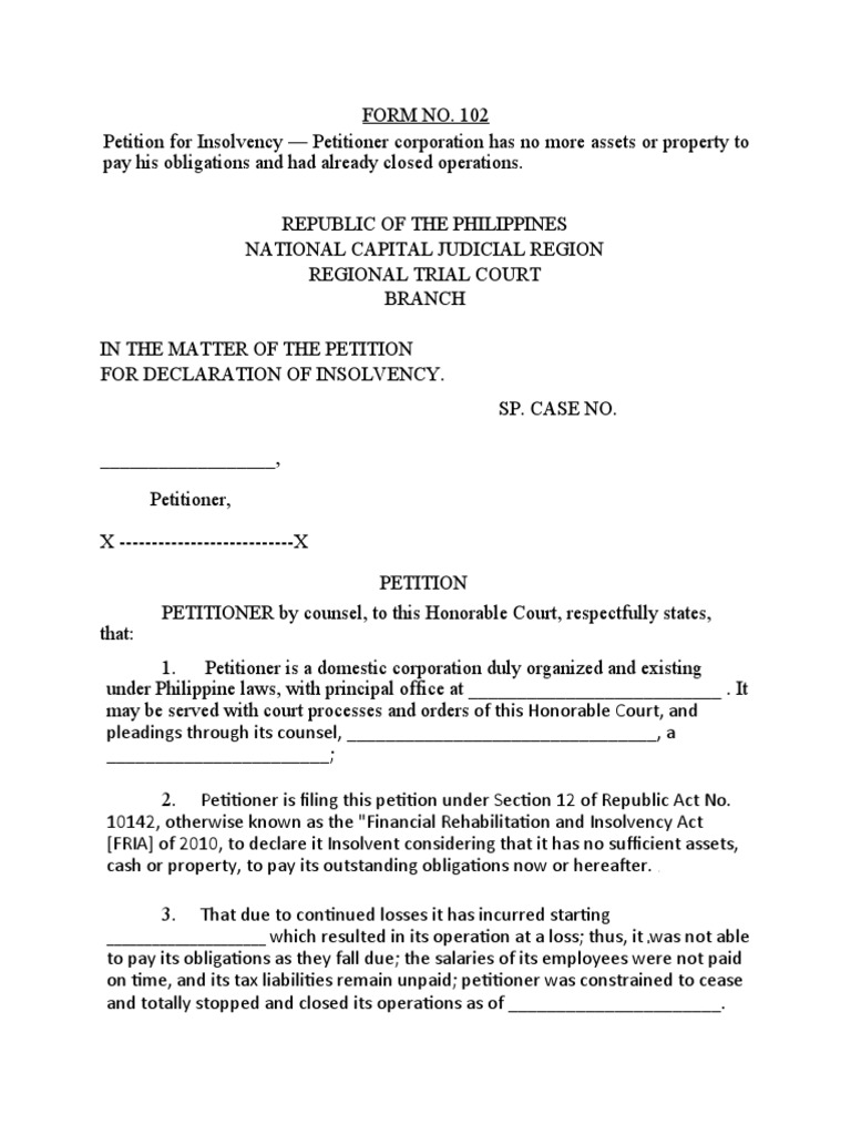 FORM 102 Petition For Insolvency - Petitioner Corporation Has No More ...