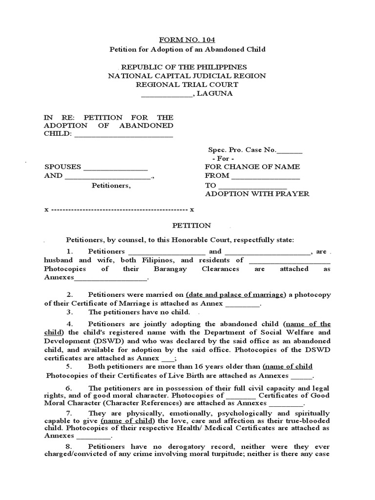 FORM 104 Petition For Adoption of An Abandoned Child | PDF