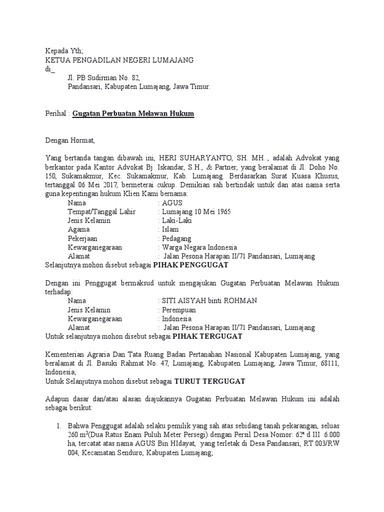 Surat Gugatan Perbuatan Melawan Hukum 1 | PDF