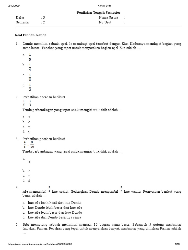 Cetak Soal MTK KLS 3 | PDF