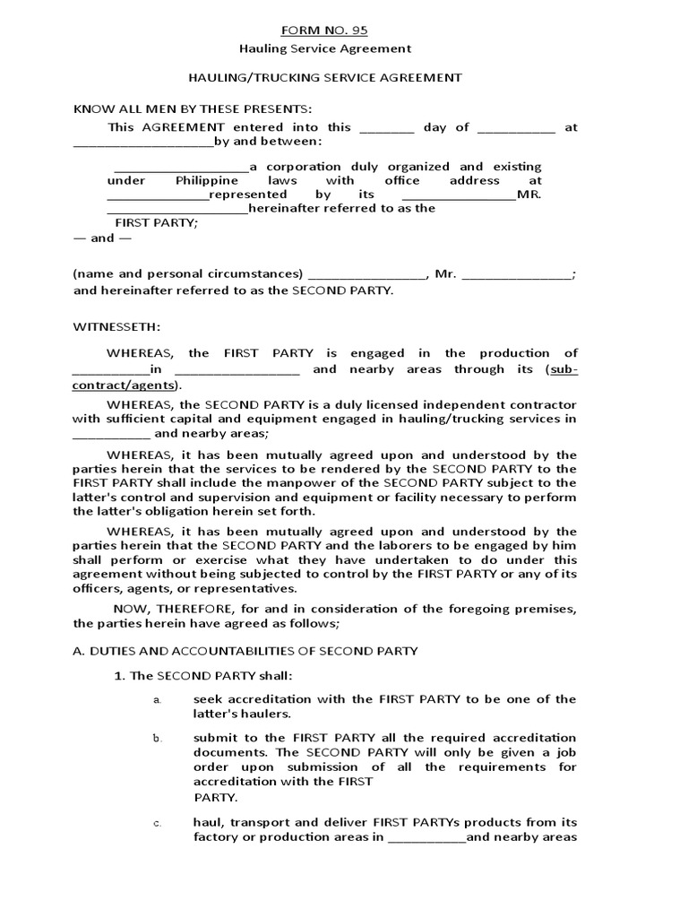 FORM NO. 95 Hauling Service Agreement | PDF | Legal Liability | Insurance