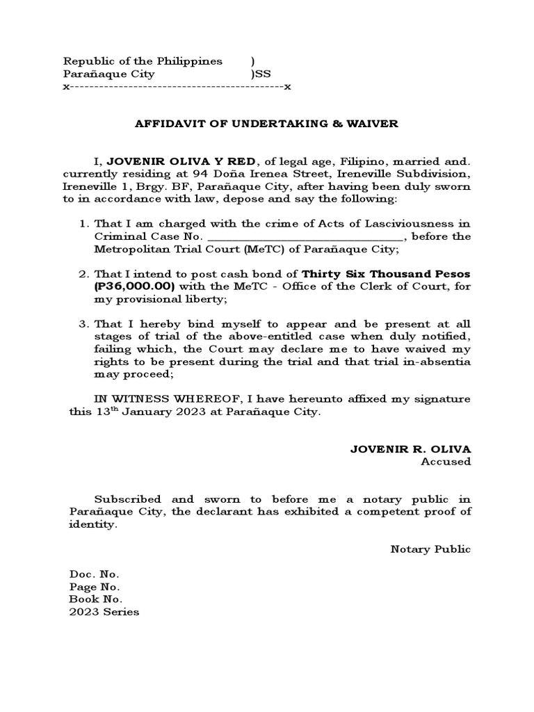 Affidavit of Undertaking for Bail | PDF