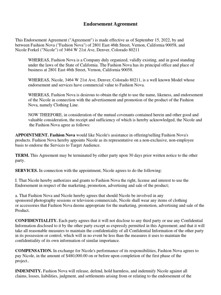 Endorsement Agreement Nicole | PDF