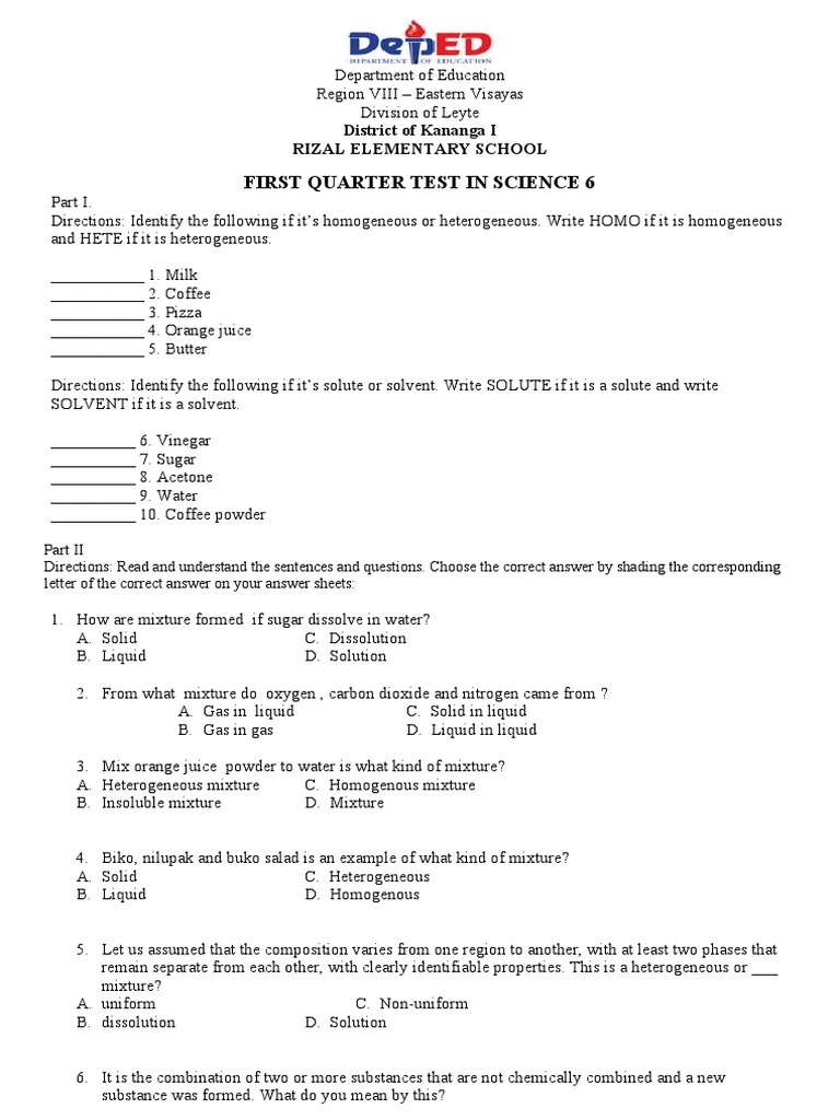1st Periodical Exam in Science 6 | PDF | Mixture | Solubility