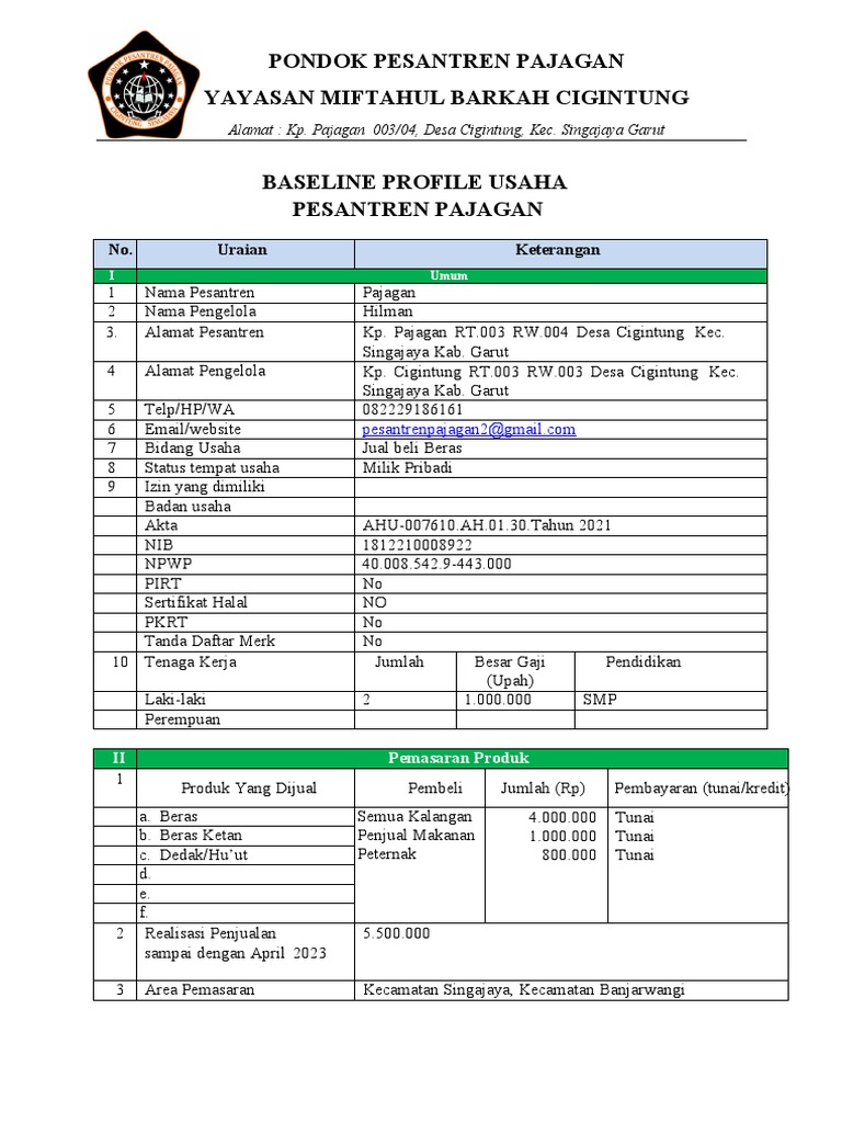 BASELINE PROFILE USAHA PESANTREn | PDF