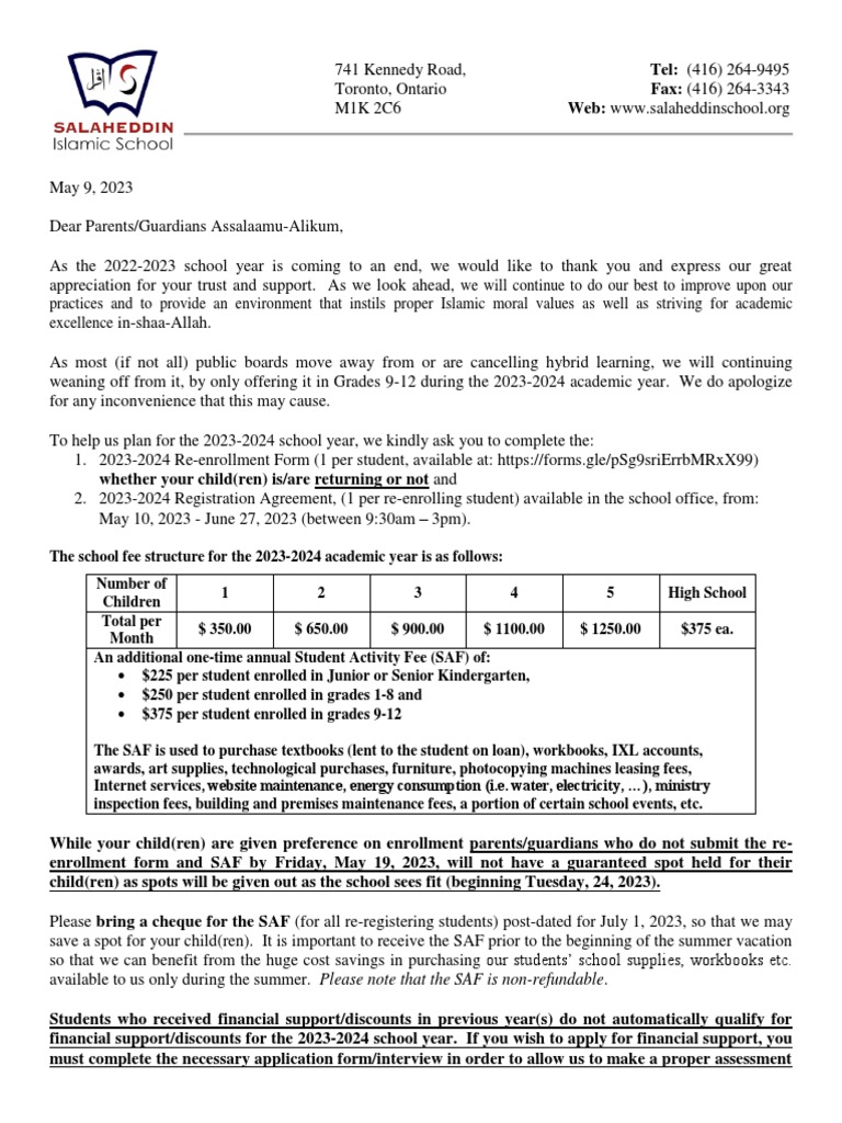 2023-2024 Student Renewal Letter To Parents Guardians | PDF