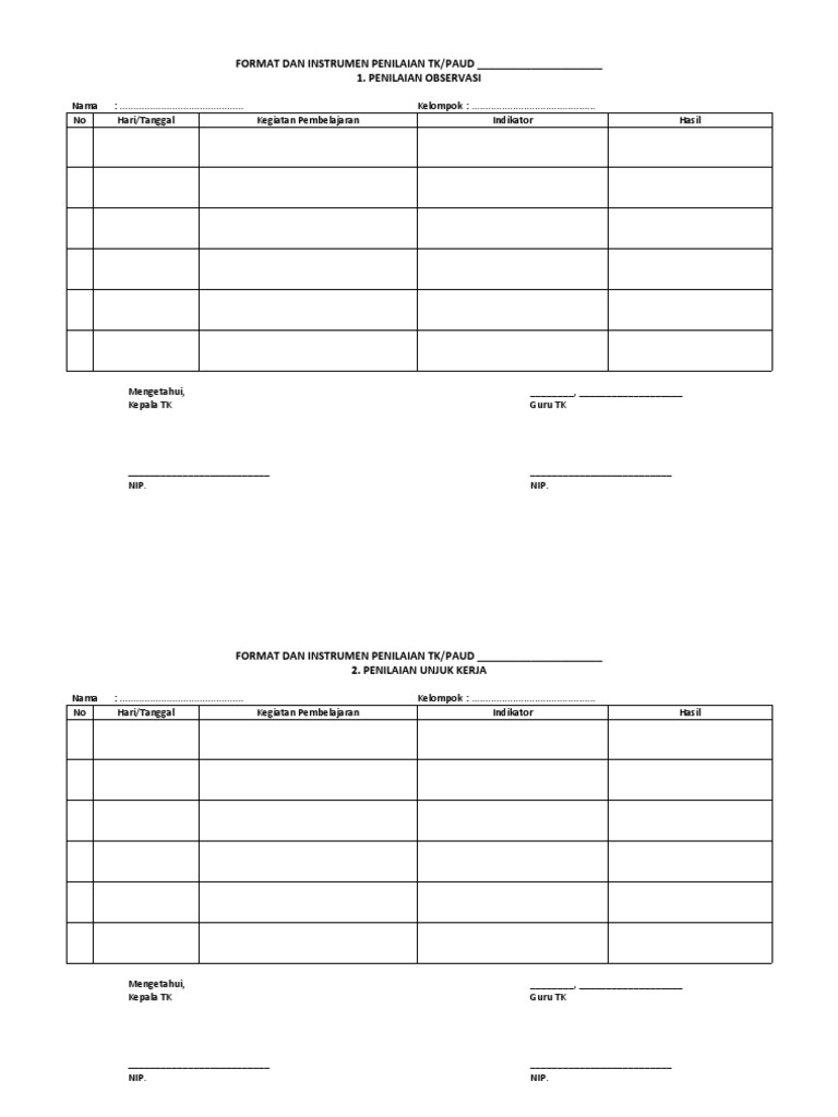 Format Dan Instrumen Penilaian TK&PAUD | PDF