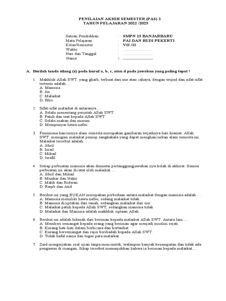 Soal Pai KLS 7 | PDF