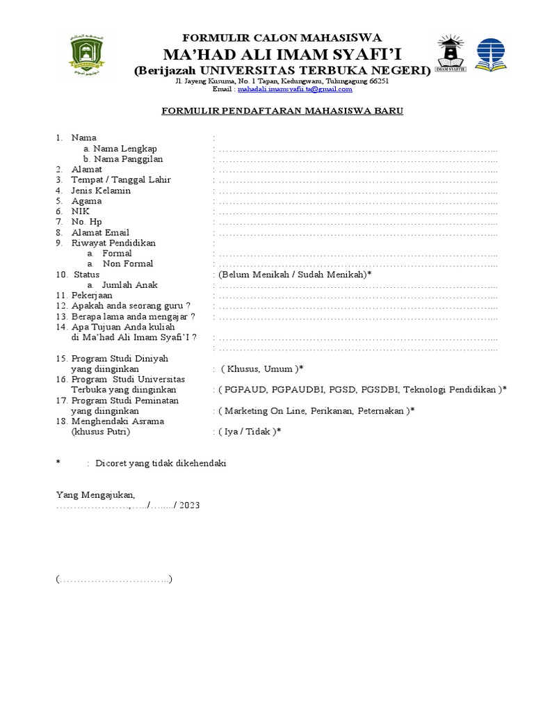 Formulir Pendaftaran UT Imam Syafi'i | PDF