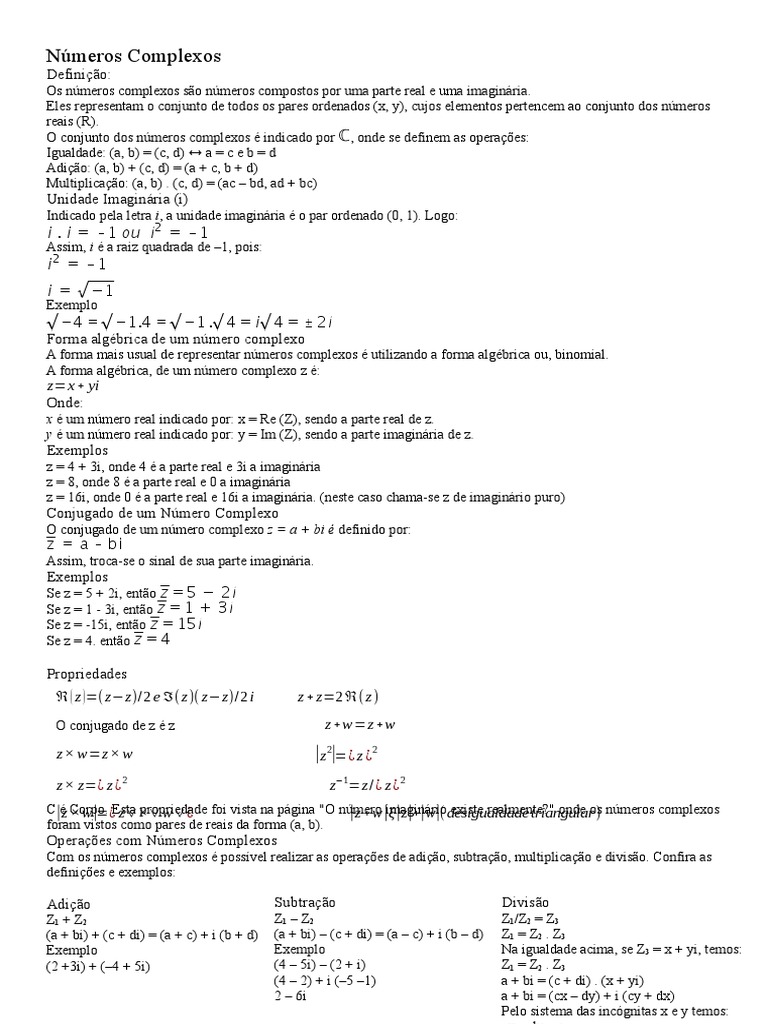 Números Complexos | Download grátis PDF | Número complexo | Aritmética