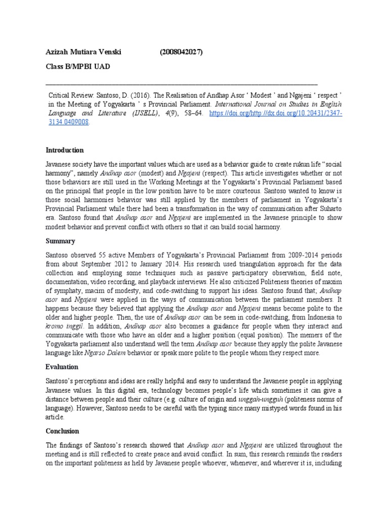 Azizah Mutiara Venski - Andhap Asor Critical Review | PDF | Psychological Concepts | Linguistics