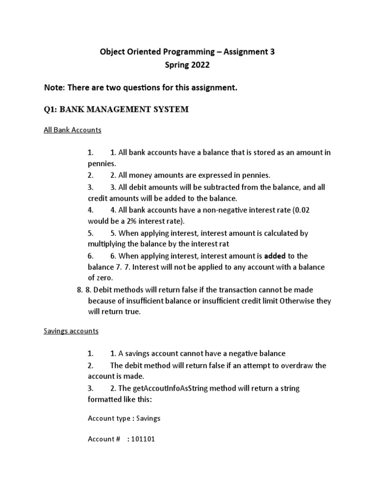 Object Oriented Programming - Assignment 3 Spring 2022: Q1: Bank Management System | PDF