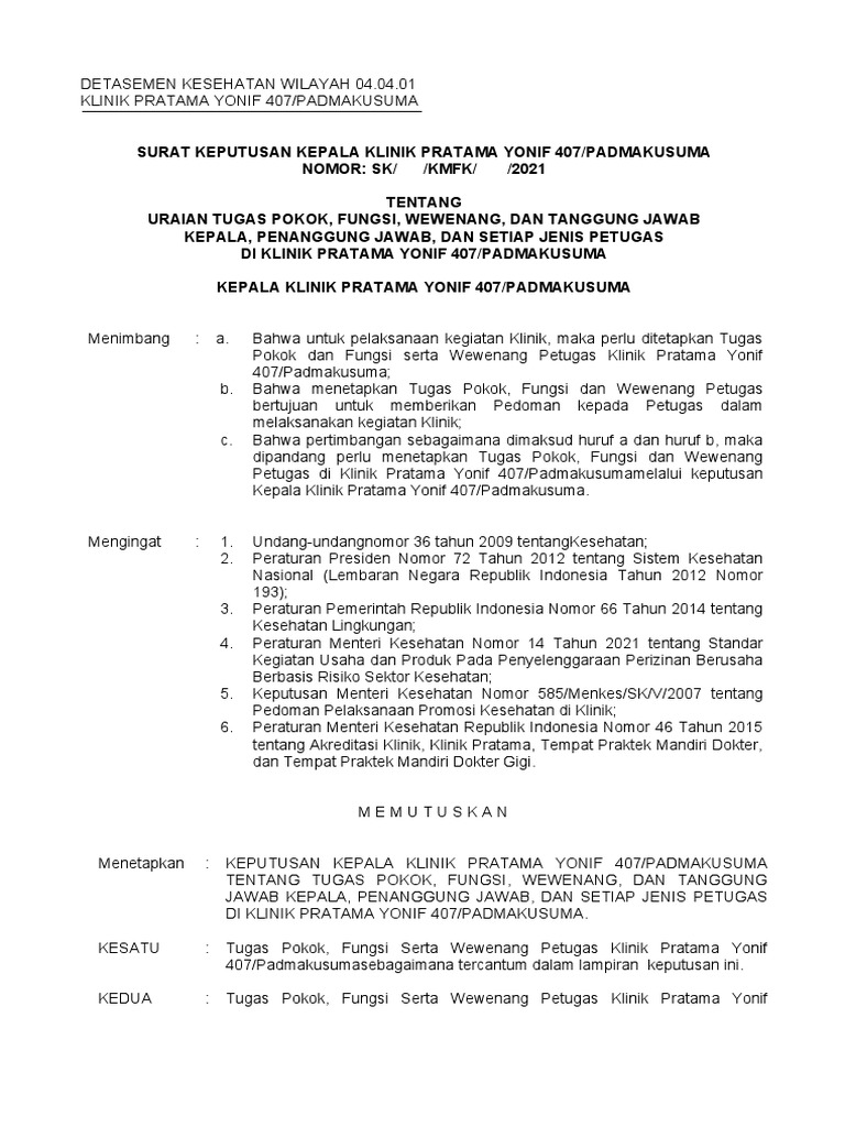 Tugas dan Fungsi Klinik Yonif 407 | PDF | Sains & Matematika | Kesehatan Holistik