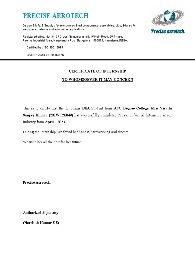 Internship Certificate PDF | PDF