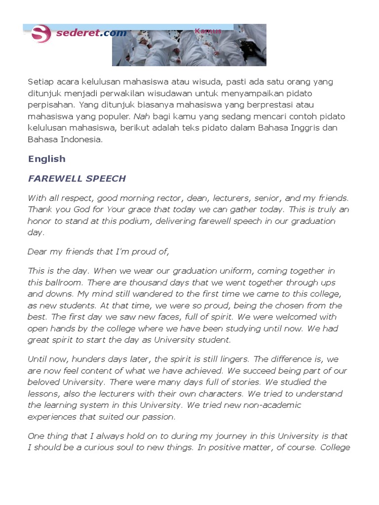 Pidato Bahasa Inggris- Perpisahan Kelulusan Wisuda Sarjana (College Graduation S | PDF ...