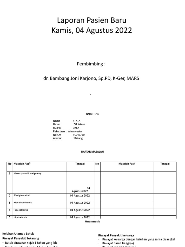 Ali Kuswanto - Massa Paru DD Malignancy, Efusi Pleura Kiri, Hipokalemia, Hiponatremia ...