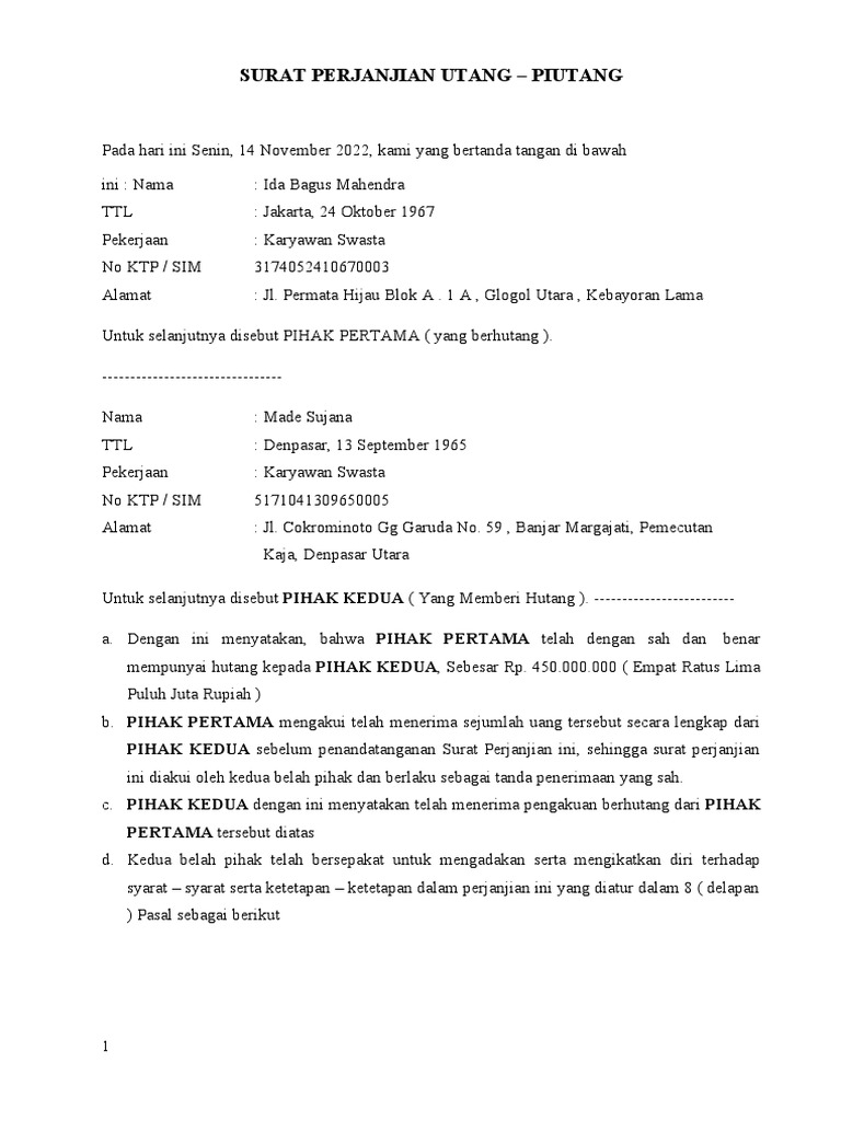 Surat Perjanjian Utang Baru | PDF