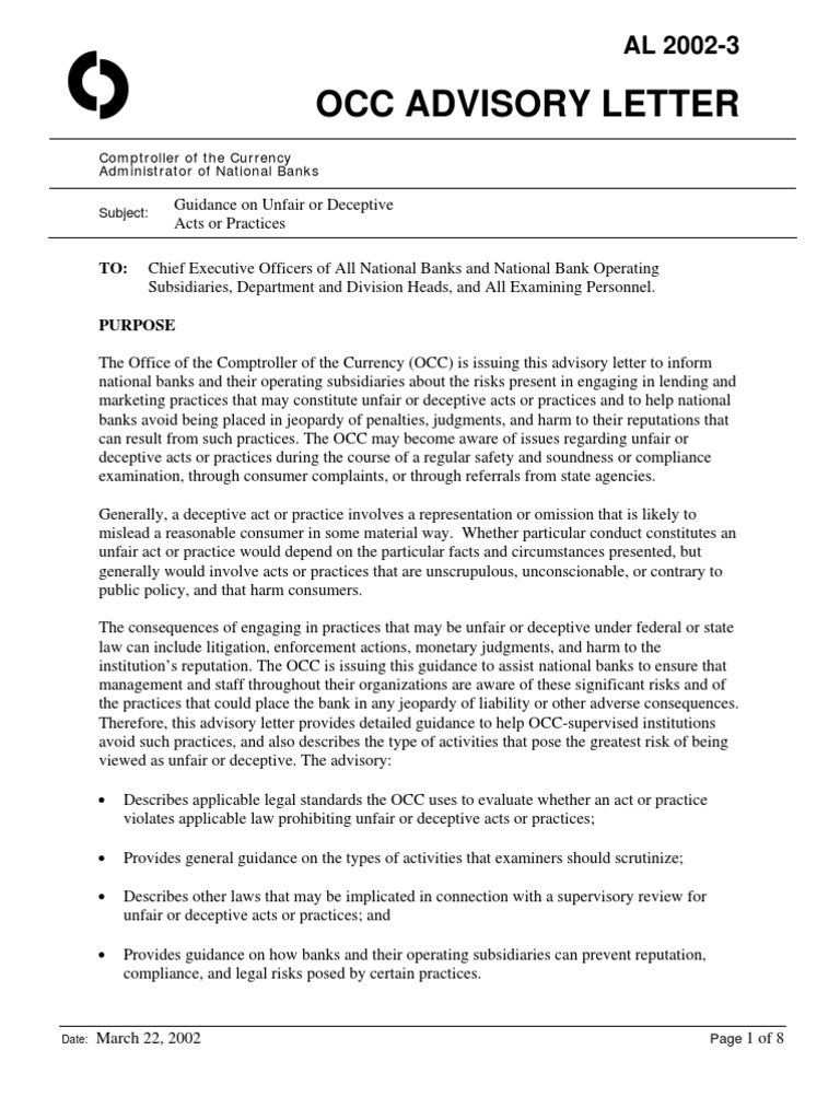 OCC Guidance on Unfair or Deceptive Acts or Practices Advisory-letter ...