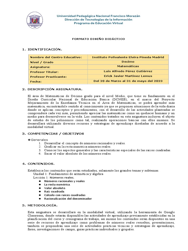 Diseño Didactico Decimo Grado Matemáticas | PDF | Evaluación | Maestros
