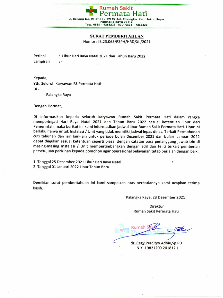 Surat Pemberitahuan Libur Natal Dan Tahun Baru | PDF