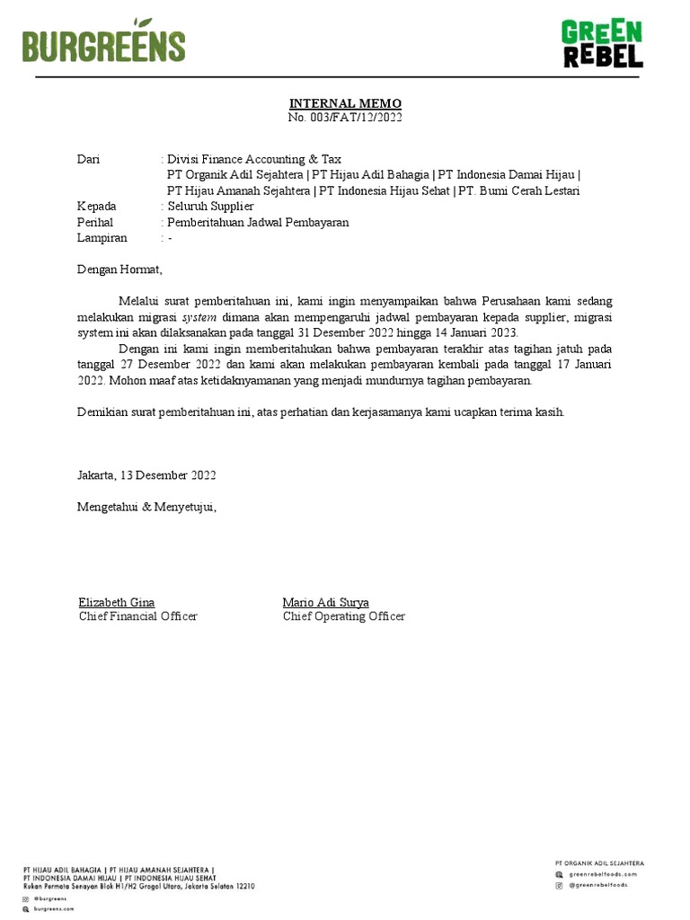 Internal Memo (Surat Pemberitahuan Pembayaran) Revisi TTD | PDF