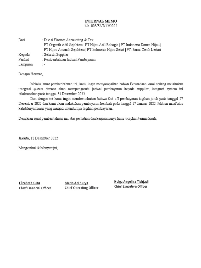 Internal Memo (Surat Pemberitahuan Pembayaran) | PDF