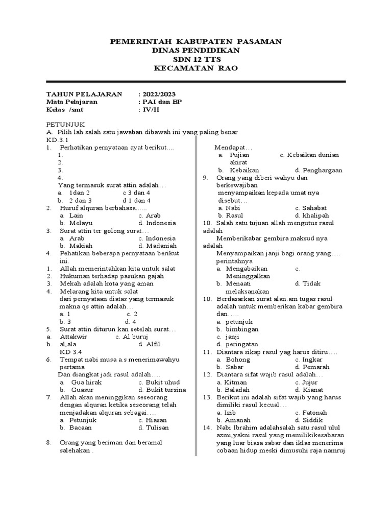 SOAL PAI KLS 4 SMT 2 2023 Buk Caya | PDF