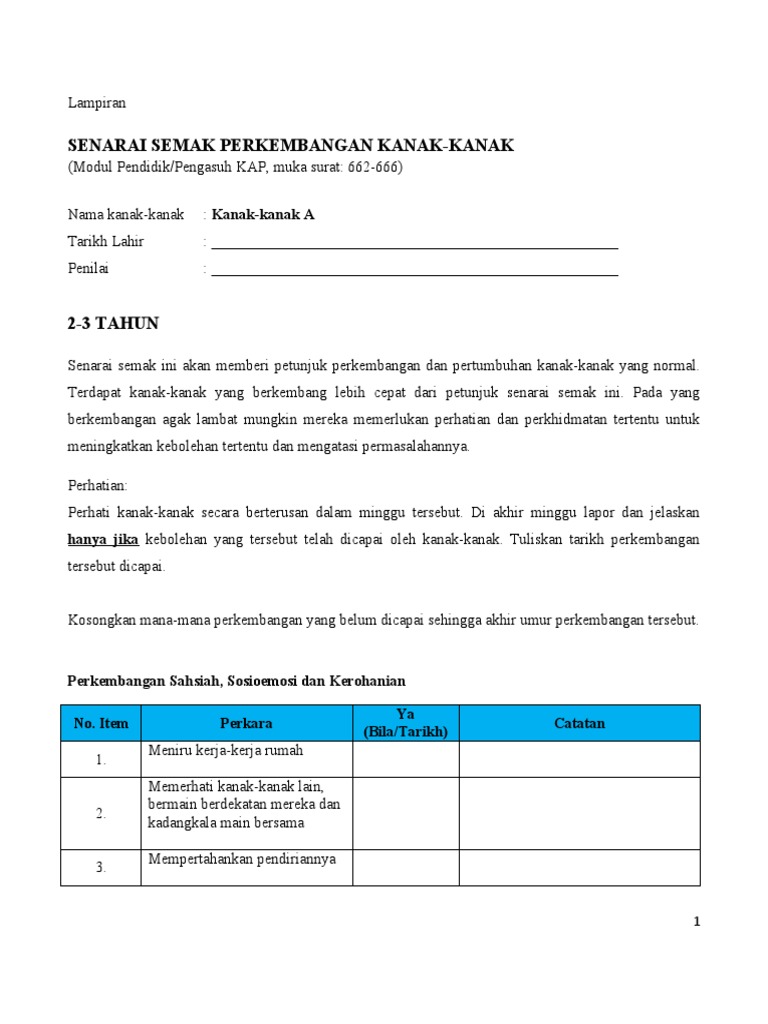 SSP - 2-3 Tahun - Senarai Semak Perkembangan Kanak-Kanak | PDF