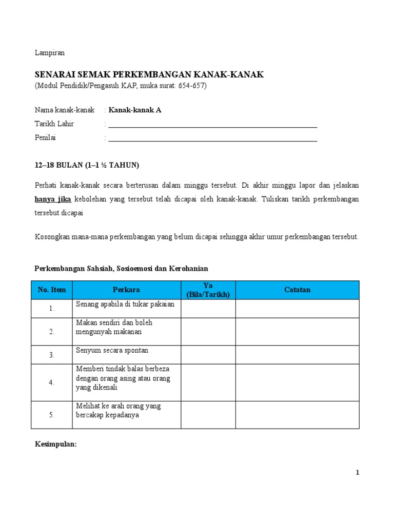 SSP - 12-18 Bulan (1-1 Tahun) - Senarai Semak Perkembangan Kanak-Kanak ...