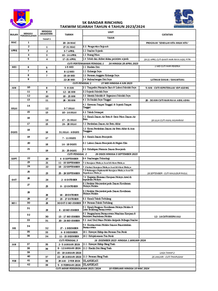 Takwim Sej THN 4 2023 2024 | PDF