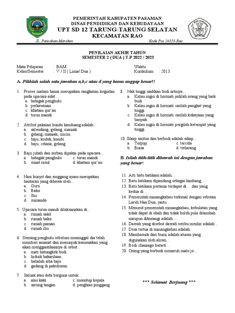 SOAL BAM KELAS V SDN 12 TTS Baru CETAK | PDF