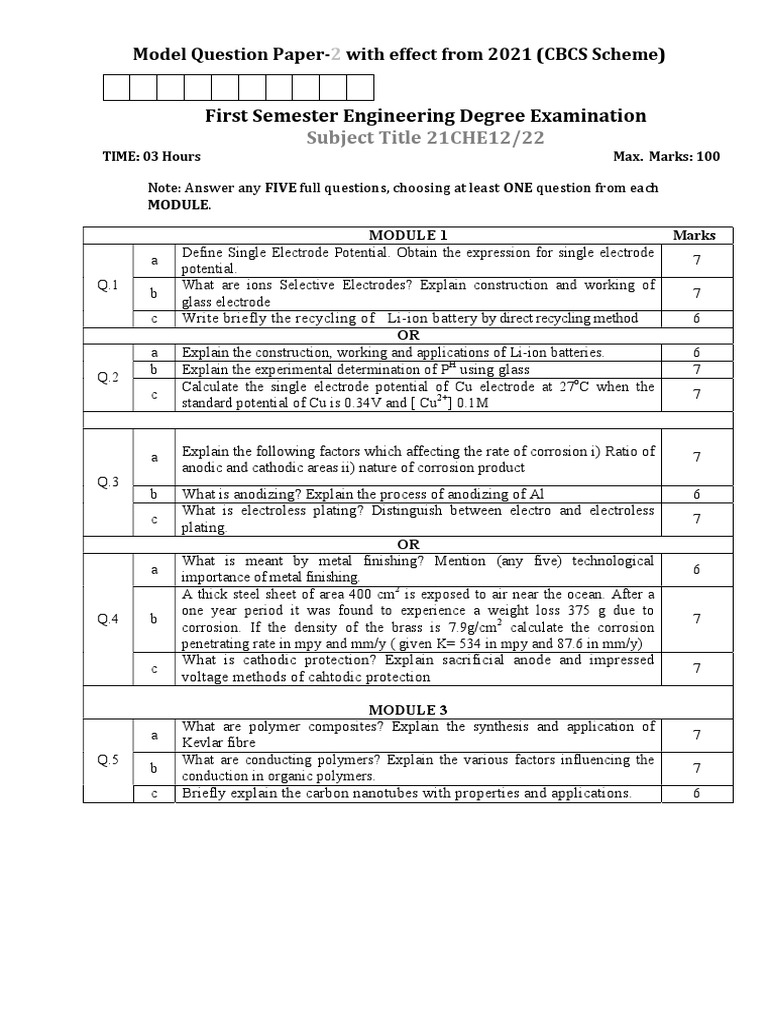 21CHE12 22 Engineering Chemistry Model Question Paper 2 | PDF ...