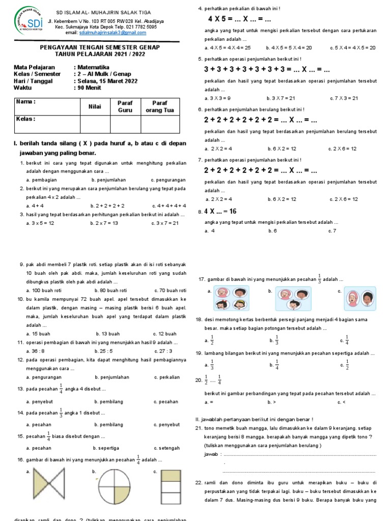 Soal PTS Genap Matematika Kelas 2 - Al Mulk | PDF