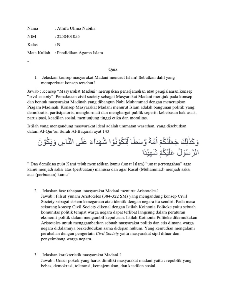 Masyarakat Madani - Athifa Ulima Nabiha - 2250401055 | PDF