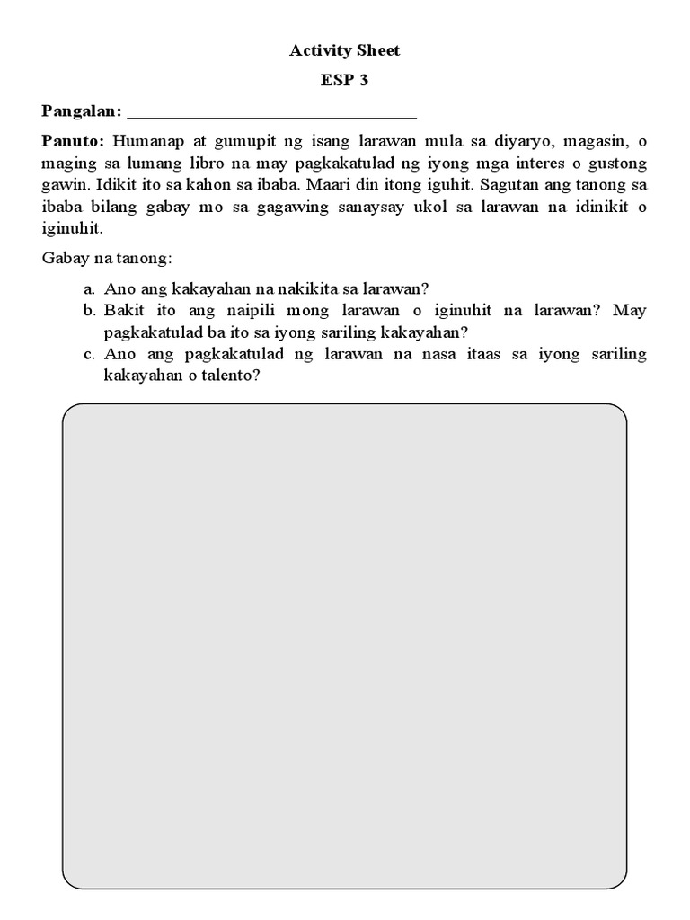Activity Sheet Esp 3 Pangalan: Panuto: Humanap at Gumupit NG Isang ...