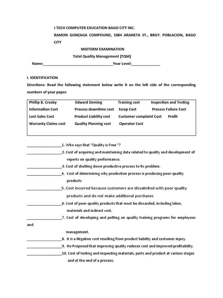 TQM Midterm Exam | Download Free PDF | Cost | Business
