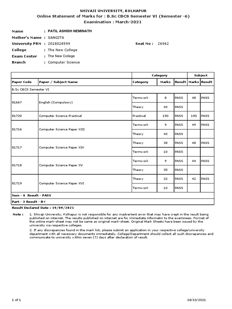 Online Statement of Marks For: B.SC CBCS Semester VI (Semester - 6 ...